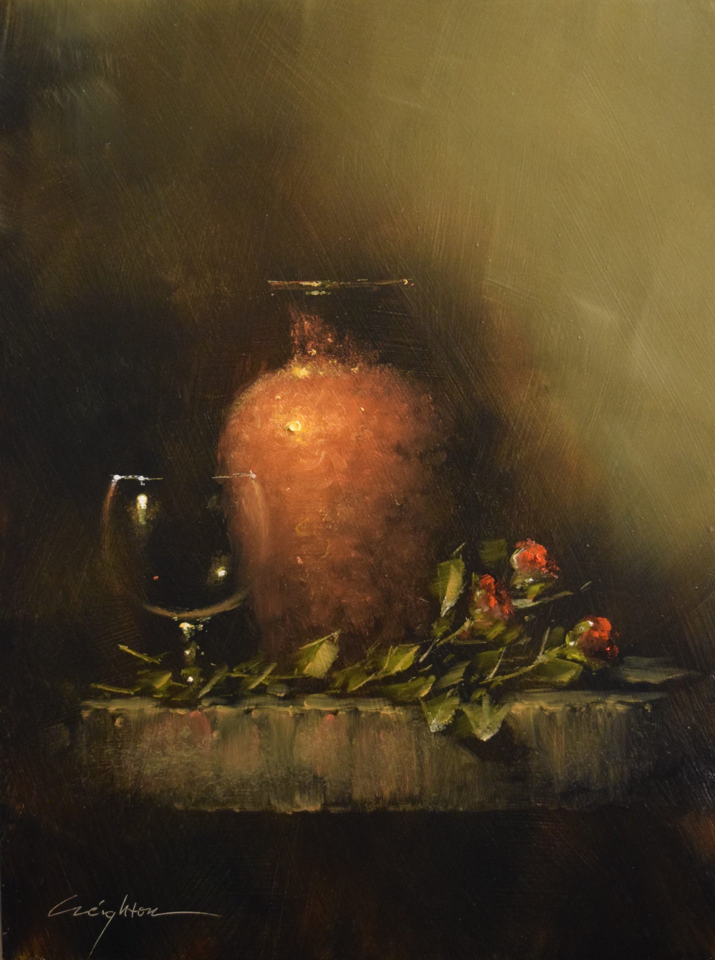 Sienna Vase with Miniature Roses - Oil on Panel, in Recent Artwork